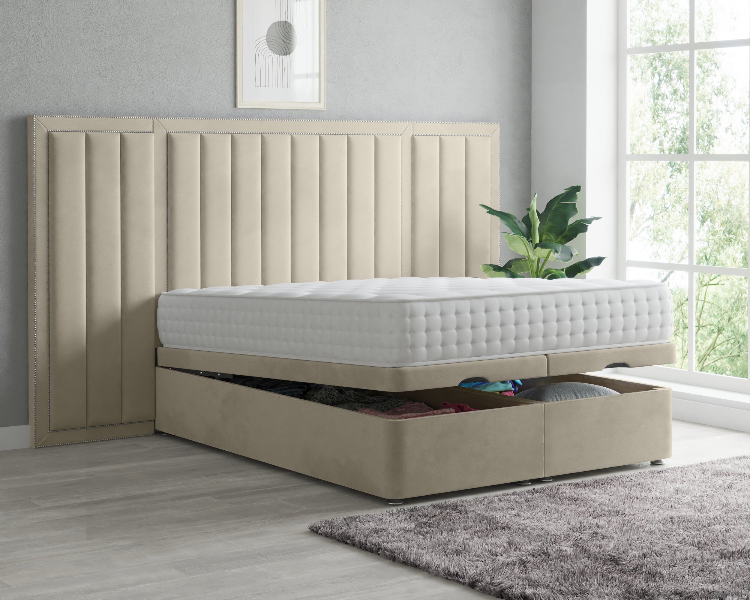 Barnie Panel Extended headboard with ottoman divan bed — Cuddly Beds